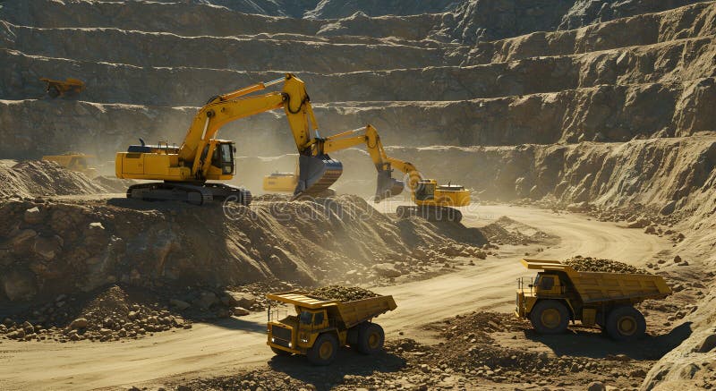 Open Pit Mining Operation Excavators Dump Trucks Work Stock Photos ...