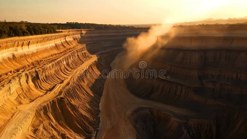 Open Pit Mining Operation with Dust Clouds and Tiered Landscape Stock ...