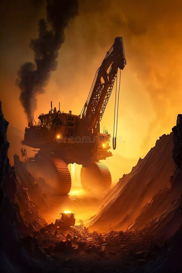 Open Pit Mining Operation at Sunset with an Excavator Mining a Wall ...