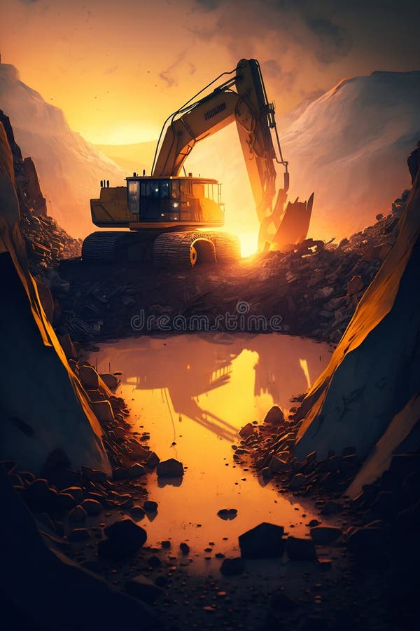 Open Pit Mining Operation at Sunset with an Excavator Mining a Wall ...