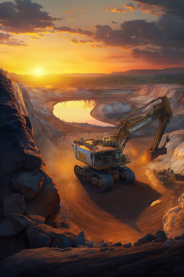 Open Pit Mining Operation at Sunset with an Excavator Mining a Wall ...