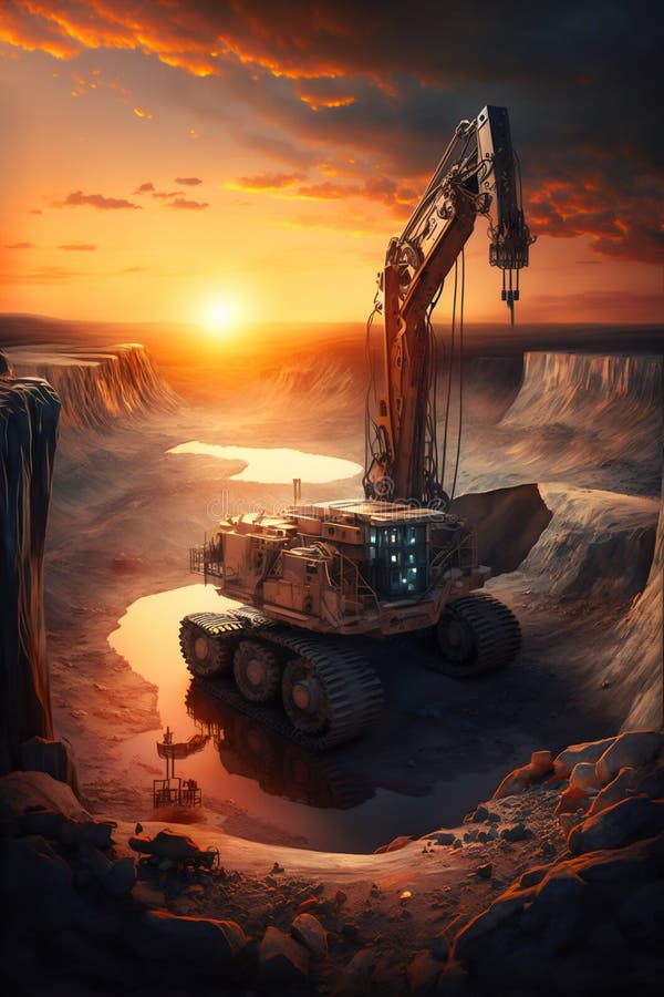 Open Pit Mining Operation at Sunset with an Excavator Mining a Wall ...
