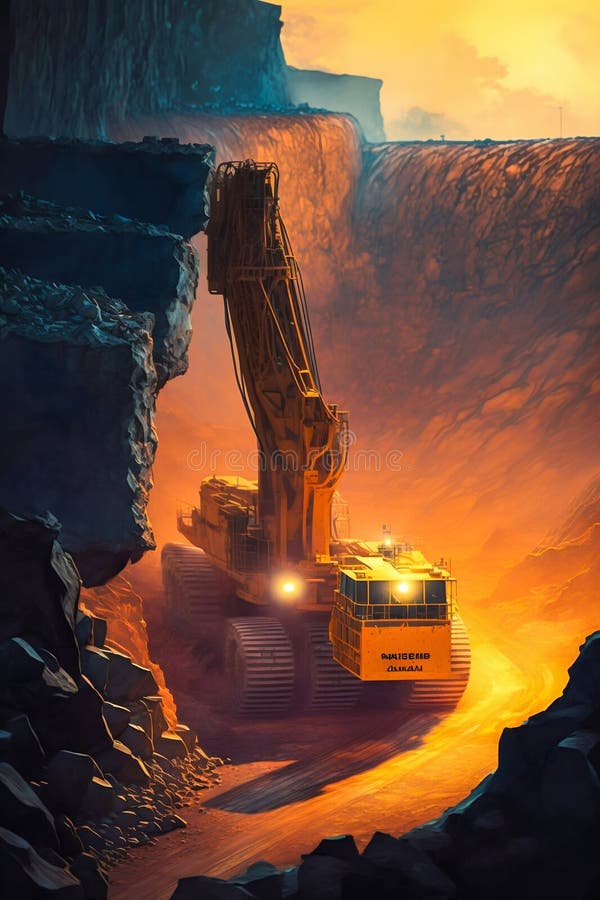 Open Pit Mining Operation at Sunset with an Excavator Mining a Wall ...