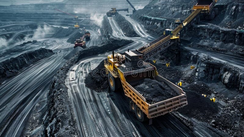 Open Pit Mining Operations with Heavy Machinery and Haul Trucks Stock ...