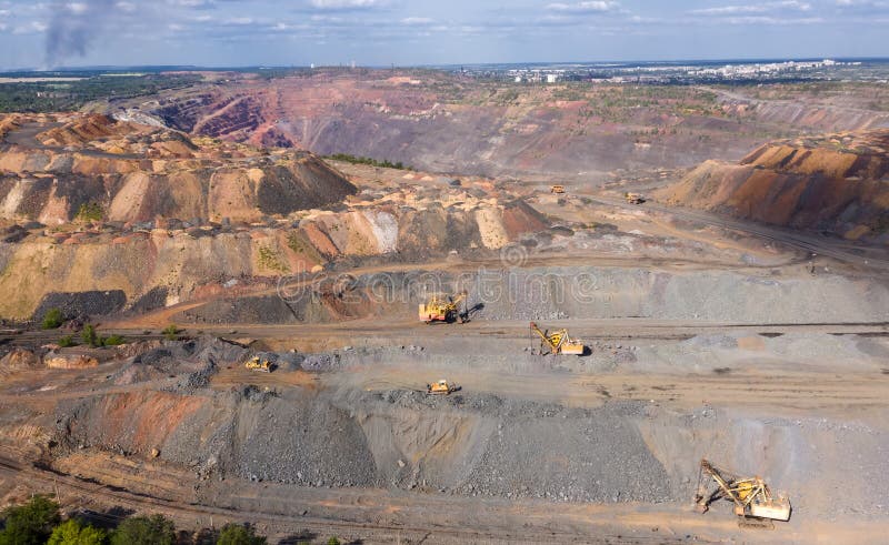 Open Pit Quarry with a Lot of Equipment at Work Aerial View. Stock ...