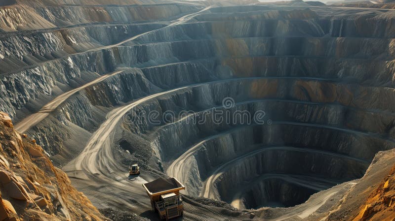 An Open Pit with Working Machines and Trucks Stock Photo - Image of ...