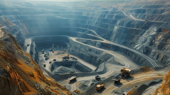 An Open Pit with Working Machines and Trucks Stock Image - Image of ...