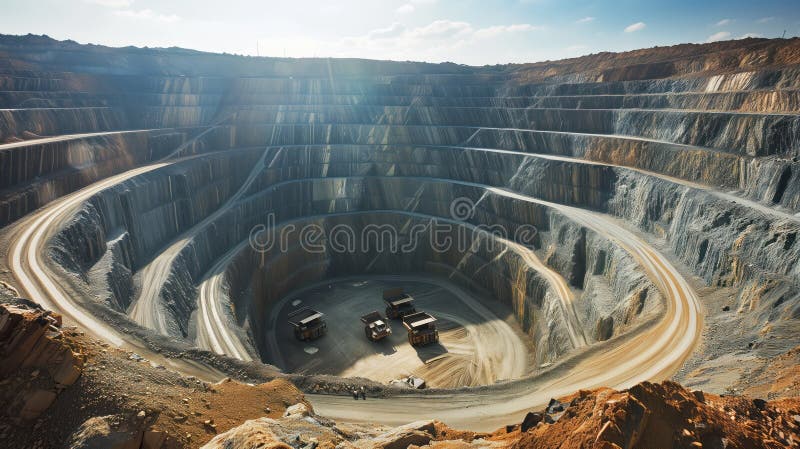 An Open Pit with Working Machines and Trucks Stock Photo - Image of ...