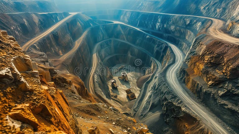 An Open Pit with Working Machines and Trucks Stock Image - Image of ...