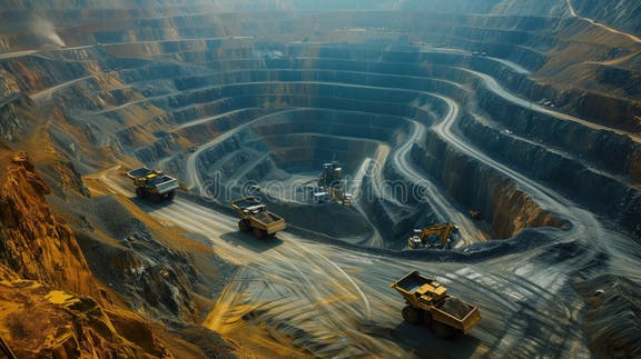 An Open Pit with Working Machines and Trucks Stock Image - Image of ...