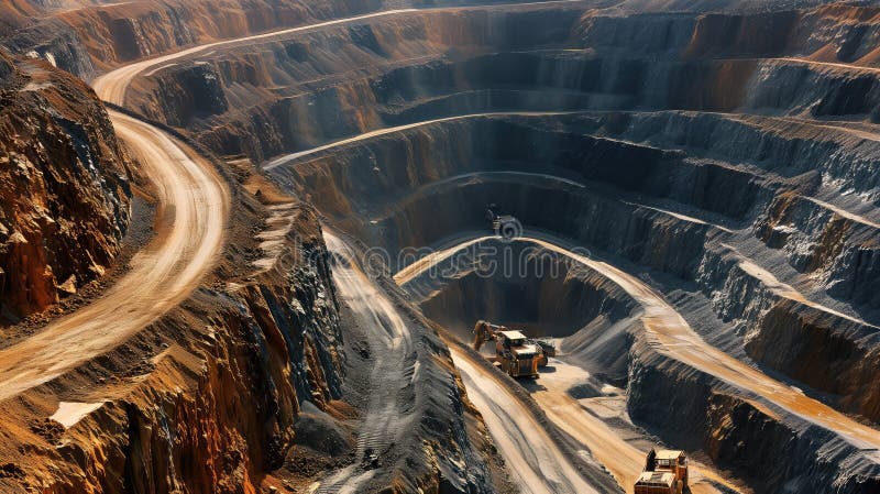 An Open Pit with Working Machines and Trucks Stock Image - Image of ...