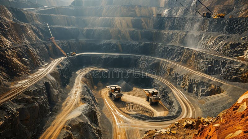 An Open Pit with Working Machines and Trucks Stock Photo - Image of ...