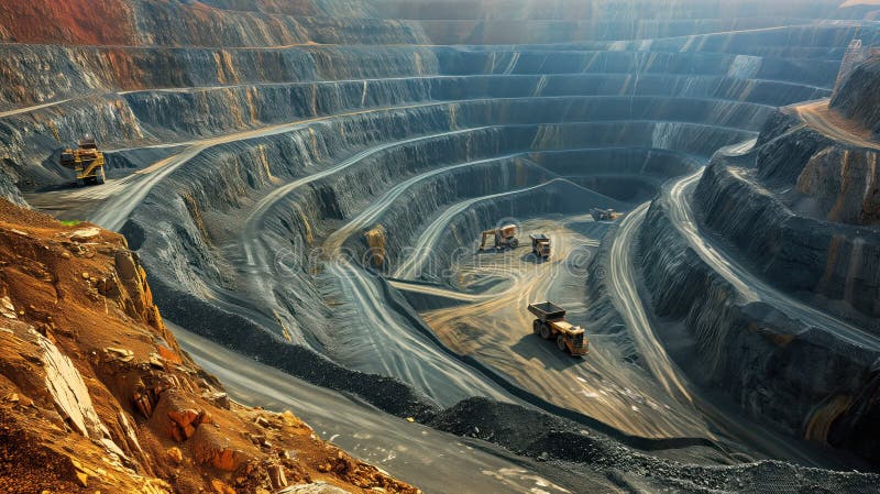 An Open Pit with Working Machines and Trucks Stock Photo - Image of ...