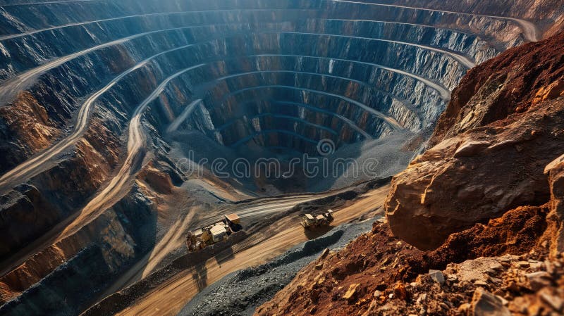 An Open Pit with Working Machines and Trucks Stock Image - Image of ...