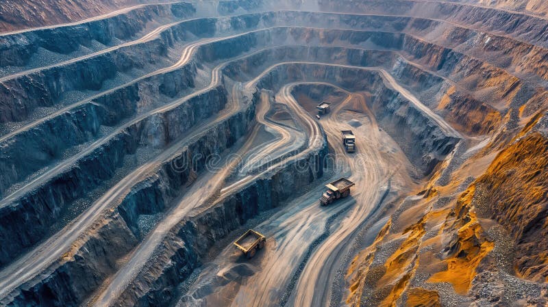 An Open Pit with Working Machines and Trucks Stock Photo - Image of ...