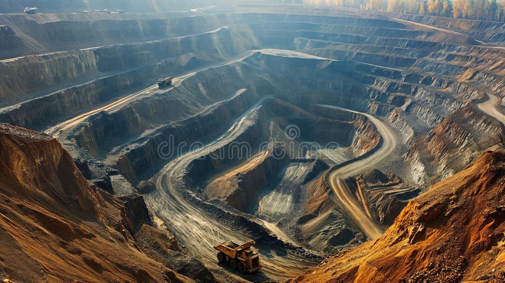An Open Pit with Working Machines and Trucks Stock Photo - Image of ...
