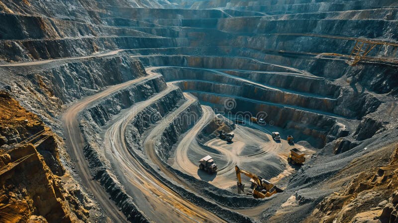 An Open Pit with Working Machines and Trucks Stock Image - Image of ...