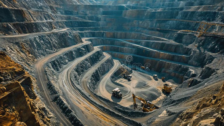 An Open Pit with Working Machines and Trucks Stock Image - Image of ...