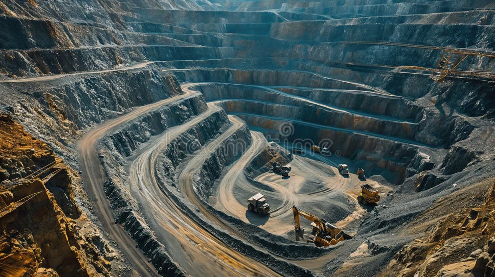 An Open Pit with Working Machines and Trucks Stock Image - Image of ...