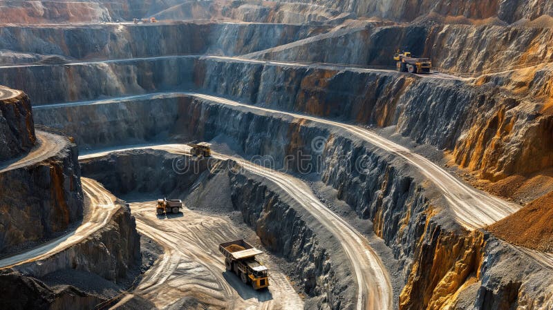 An Open Pit with Working Machines and Trucks Stock Photo - Image of ...