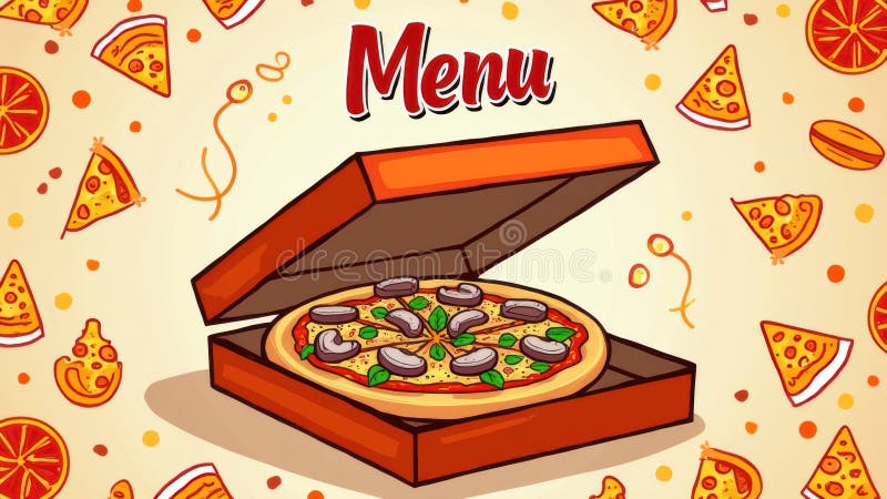 Open Pizza Box on Menu with Mushroom and Basil Toppings Stock ...