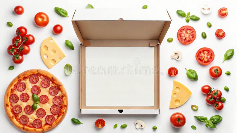 An Open Pizza Box with Pizza, Tomatoes, Cheese, and Various Toppings ...