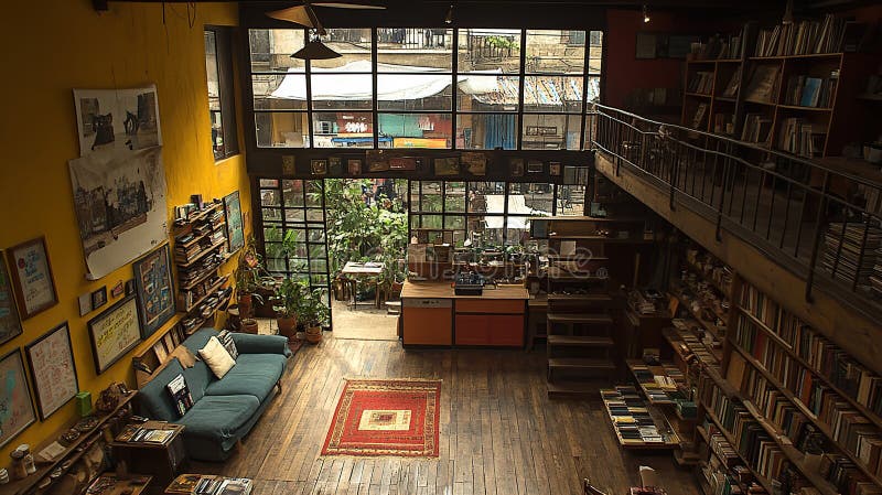 Open-plan Bookstore with Large Windows, Bookshelves, and Seating Stock ...