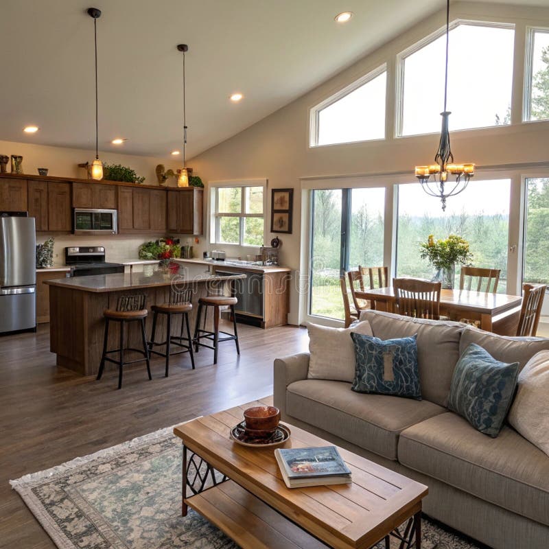 Open Plan Home with Living Room, Kitchen, and Dining Area Stock Image ...