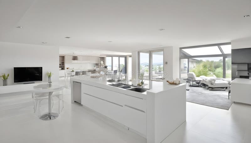 Open-plan Interior with a Luxurious Living Room and White Kitchen ...