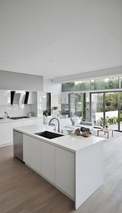 Open-plan Interior with a Luxurious Living Room and White Kitchen ...