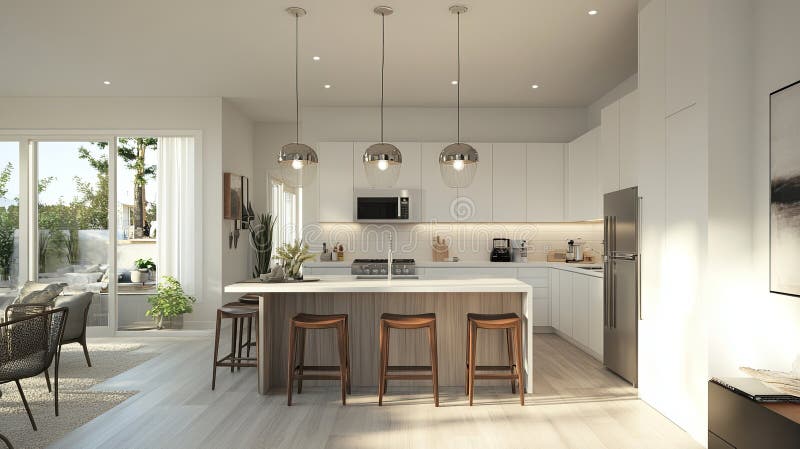 Open-plan Kitchen with Stylish Pendant Lights and Island Counter. Stock ...