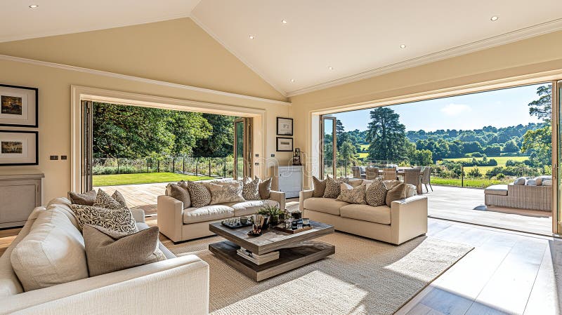 Open-plan Living Area with Panoramic Garden Views Stock Photo - Image ...