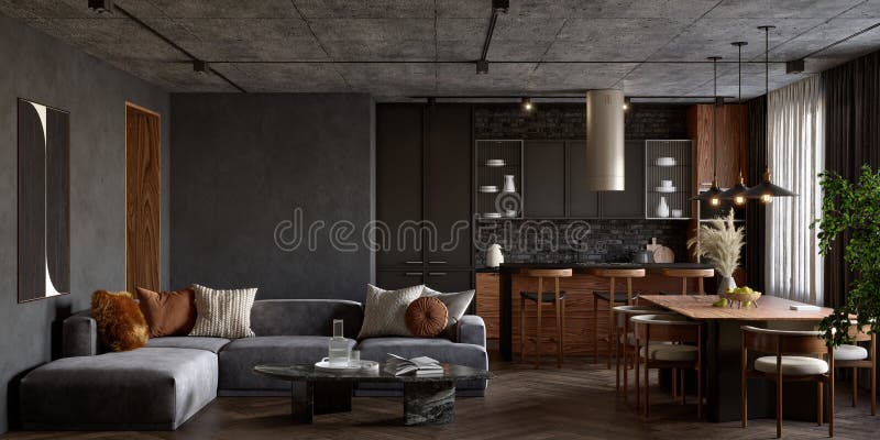 Open Plan Living Room Interior with Dark Walls, 3d Render Stock ...
