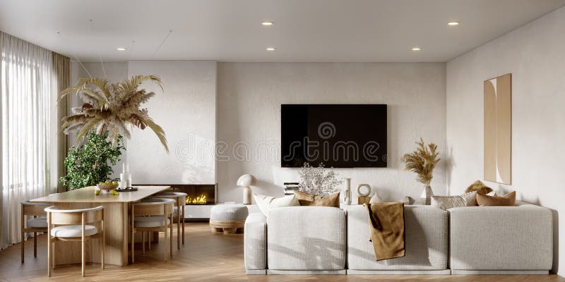 Open Plan Living Room Interior with Modern Wood Kitchen, 3d Render ...