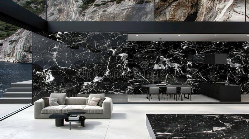 An Open-plan Living Room and Kitchen Featuring Black Marble Wall Panels ...