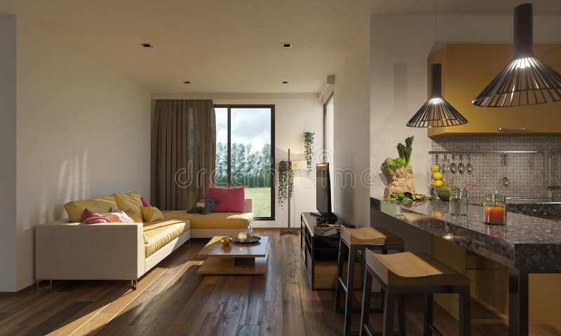 Open Plan Living Room and Kitchen with a View Stock Illustration ...