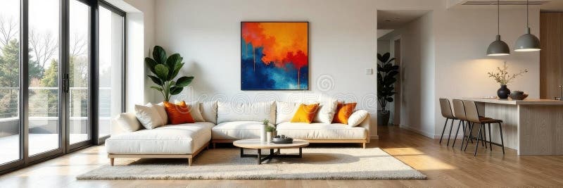 Open Plan Living Room, Neutral Palette, Abstract Art, Statement Rug ...