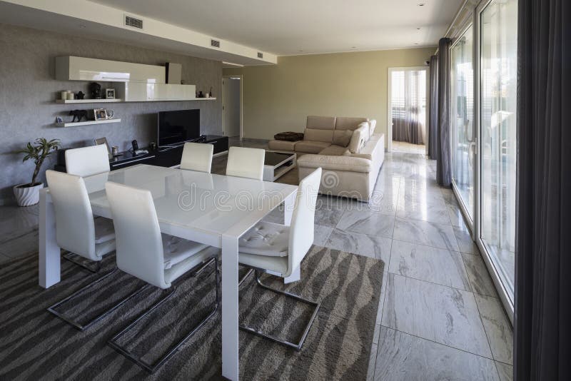 Open Plan Living Room with Sofa, Table with Chairs and Kitchen Stock ...