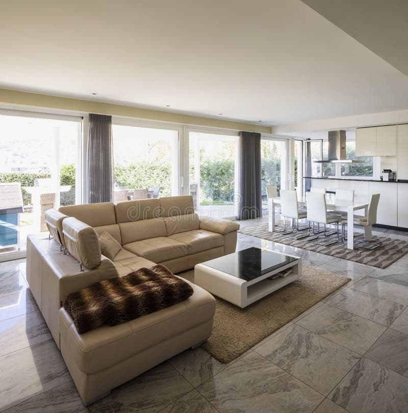 Open Plan Living Room with Sofa, Table with Chairs and Kitchen Stock ...