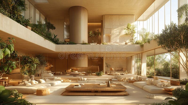 Open-plan Modern Home with Natural Elements Stock Illustration - Illustration of concrete, light ...