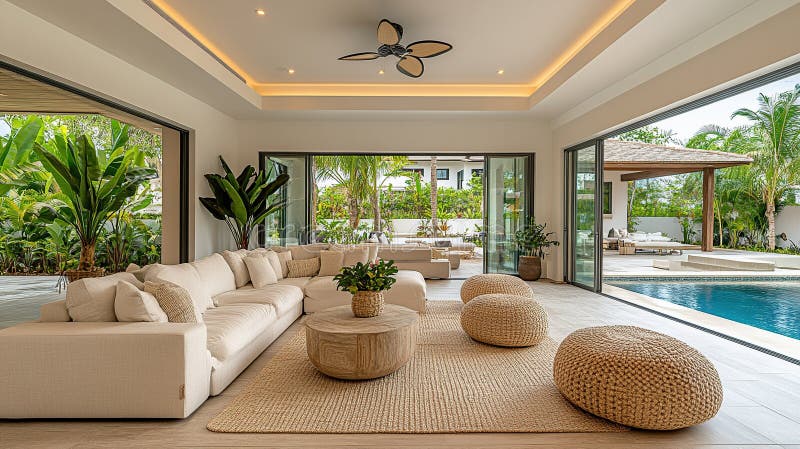 Open-plan Modern Living Area with Pool View Stock Illustration ...