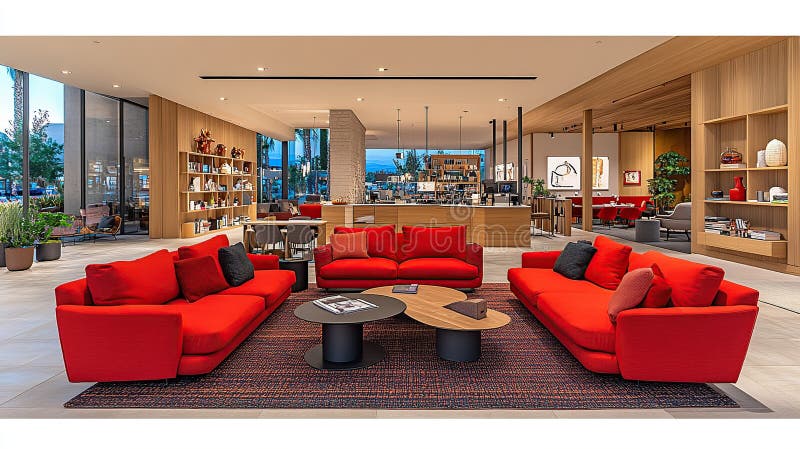 Open-plan Modern Lobby with Red Seating, Coffee Area, and Bookshelves ...
