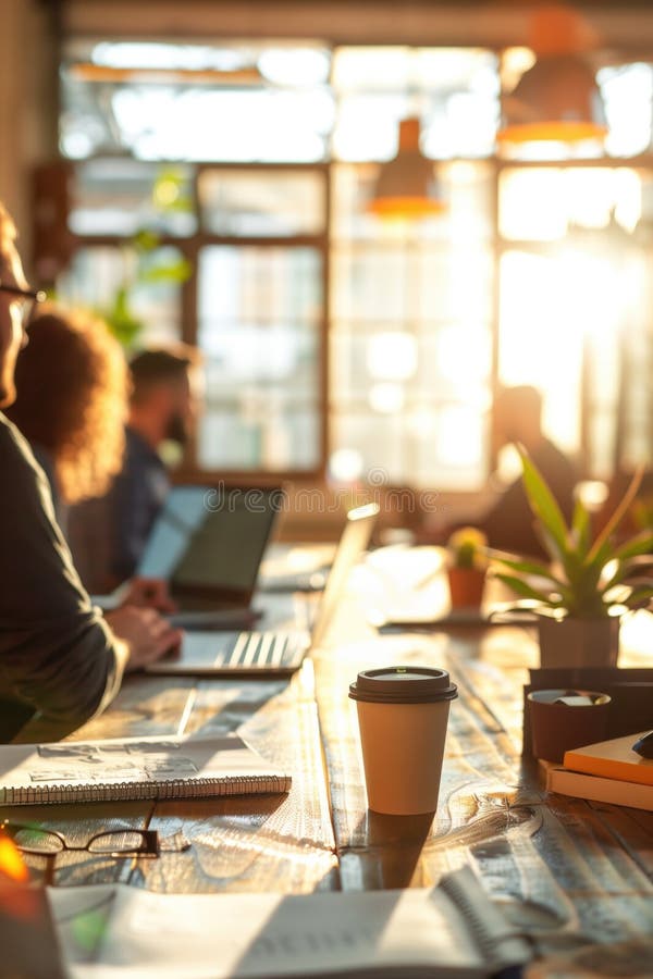 Open Plan Office with Employees Working on Laptops, Large Windows ...