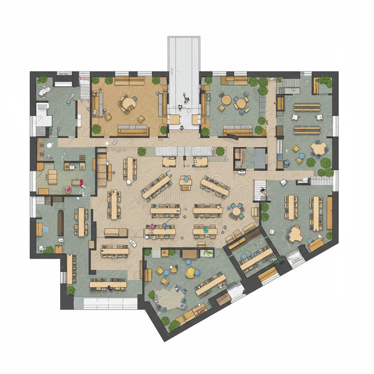 Open-plan Office Floor Plan with Diverse Workspaces, Including ...