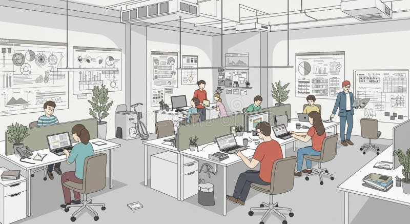 Open-plan Office with Multiple People Working at Desks with Computers ...