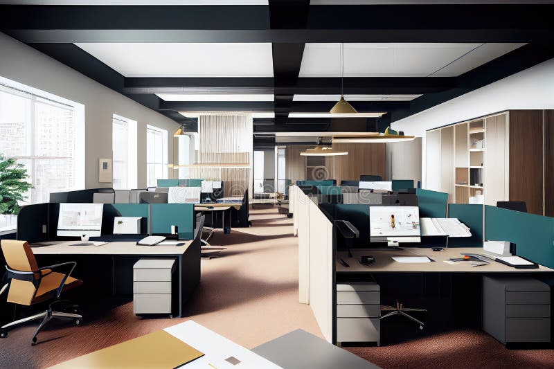 Open-plan Office with Multiple Workstations and Streamlined ...