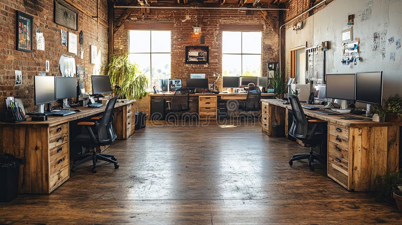 Open-plan Office Space with Exposed Brick Walls, Natural Light, and Wooden Furniture. Multiple ...