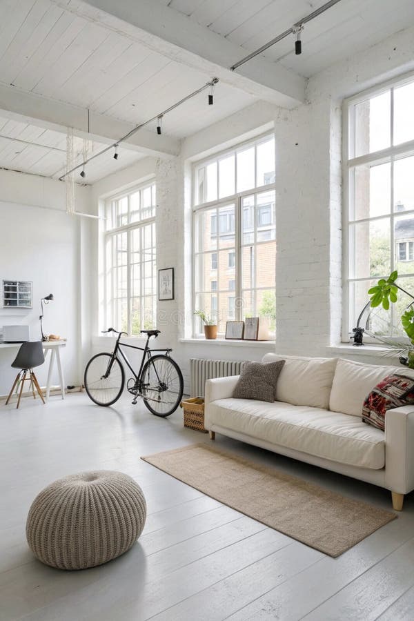 Open-plan White Studio Flat with Sofa, Bike, and Desk Stock Image - Image of studio, openplan ...