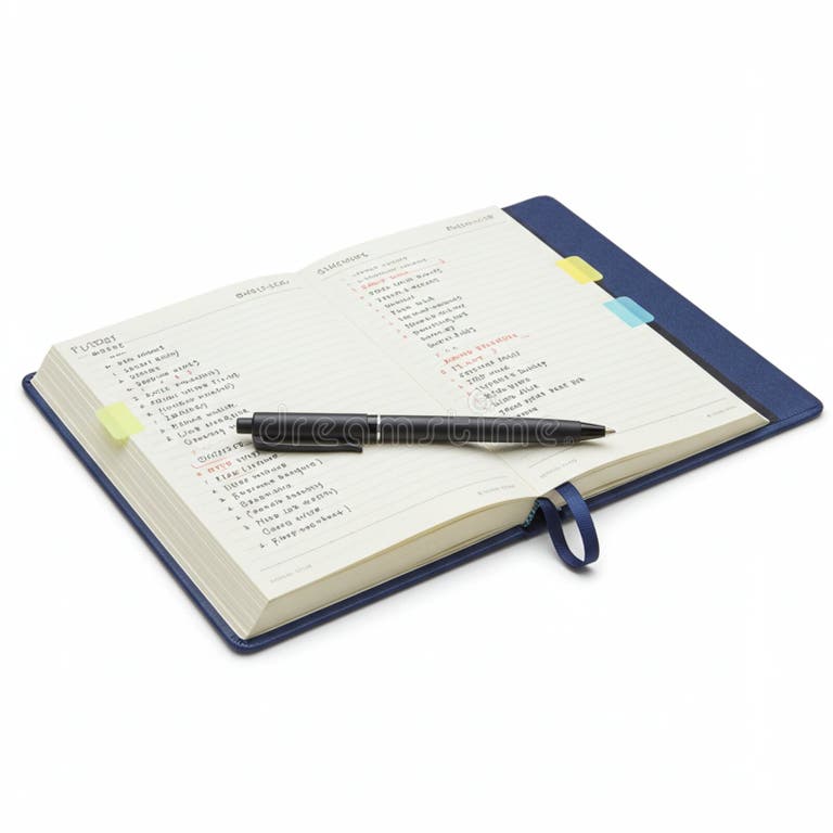 Open Planner with a Blue Cover, Displaying Two Pages of Handwritten ...