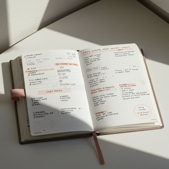 An Open Planner Displays Neatly Organized Handwritten Notes on a Grid ...
